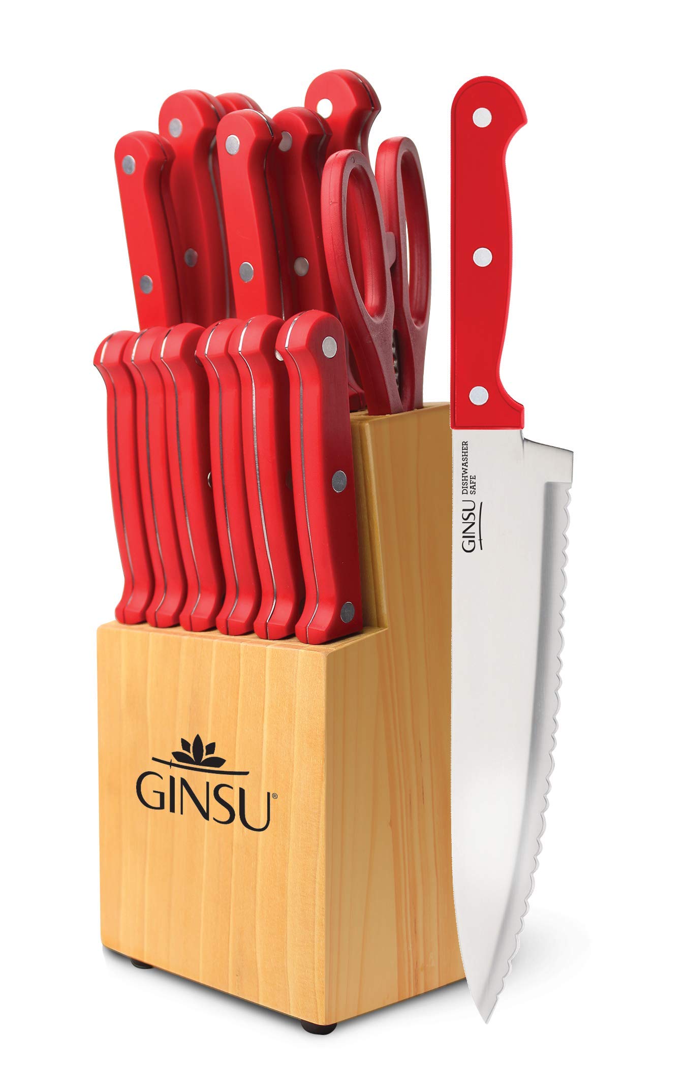 Ginsu Kiso 14-Piece Red Knife Set with Natural Block – Dishwasher Safe ...